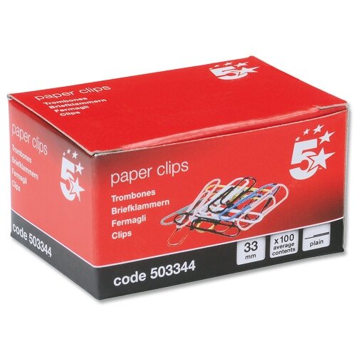 Assorted Colours Paper Clips Metal 33mm Pack 10 x 100 5 Star - Hunt ...