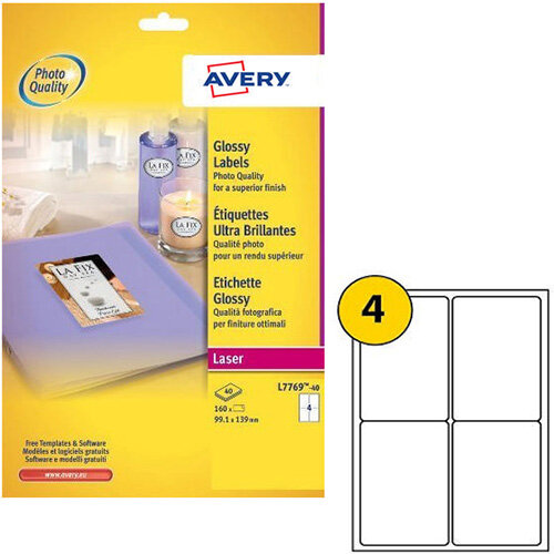 Avery L7769-40 Address Labels Colour 4 per Sheet 139 x 99.1mm 160 ...