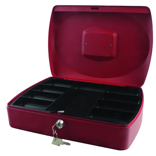 Q-Connect Large 12 Inch Key Lock Cash Box Red 8 Coin Compartments ...