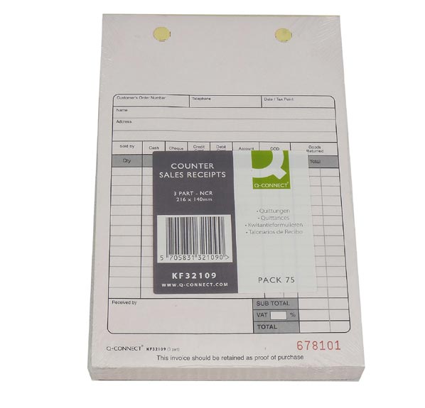 Q-Connect Counter Sales Receipt 3-Part Pack of 75 KF32109 - Hunt Office UK
