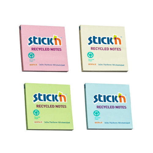 Stickn Recycled Sticky Notes 76x76mm 100 Sheets Per Pad Assorted ...