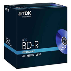 TDK BD-R Blu Ray Recordable Disk Jewel Case 4x Speed 25Gb Ref t78008 [Pack 5] - Hunt Office UK