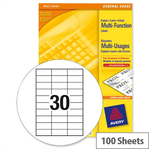 Avery White Copier Labels 30 per Sheet 70x30mm White 3489 3000 Labels ...
