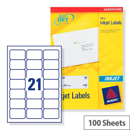 Avery Quickdry Inkjet Label 21 Per Sheet (Pack of 100) - Hunt Office UK