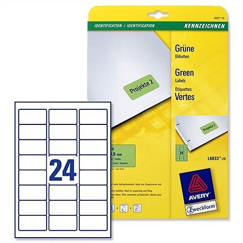 Avery Green Coloured Labels Laser 63.5x33.9mm 20 x 24 Labels (480 in ...