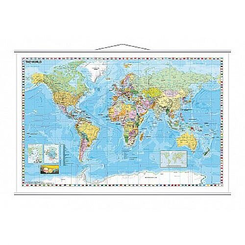 Franken Map Board World Laminated with Metal Bars 1:33,000,000, 97 x ...
