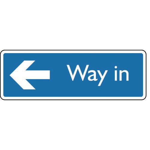 Sign Way In Arrow Left Aluminium 450X150 White On Blue - Hunt Office UK