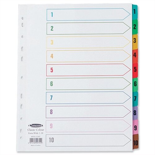 Concord 1-10 Index Extra Wide Europunched Multicolour Tabs A4 - Hunt ...