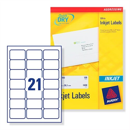 Avery Quickdry Inkjet Label 21 Per Sheet (Pack of 100) - Hunt Office UK