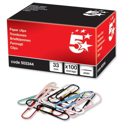 Assorted Colours Paper Clips Metal 33mm Pack 10 x 100 5 Star - Hunt ...