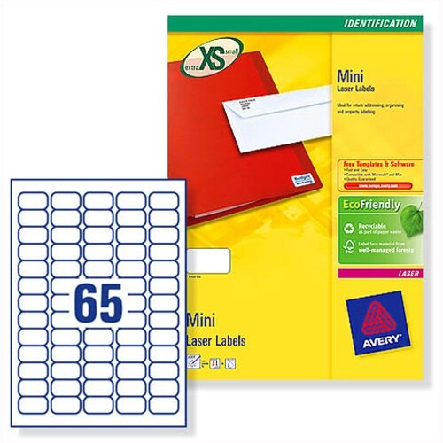 Avery L7651-250 Mini Labels Laser 65 per Sheet 38.1x21.2mm White 16250 ...