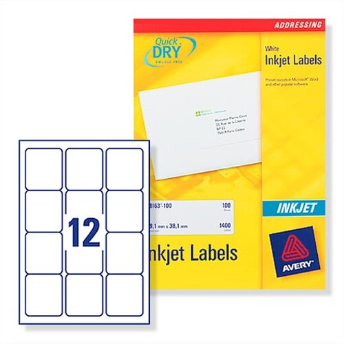Avery Quickdry Inkjet Label 12 Per Sheet (Pack of 100) - Hunt Office UK