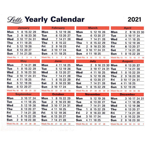 Letts Yearly Calendar 210 x 260mm 2021 21-TYC - Hunt Office UK
